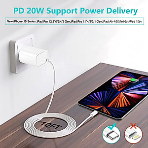 iPad Pro Charger,20W USB C Fast Charger with 10FT Long Fast Charging Cord for iPad Pro 12.9 5th/4th/3rd,11 inch 3rd/2nd/1st,iPad Air 5th/4th Generation,iPad Mini 6th,iPad 10th,iPhone 15 Pro Max/Plus