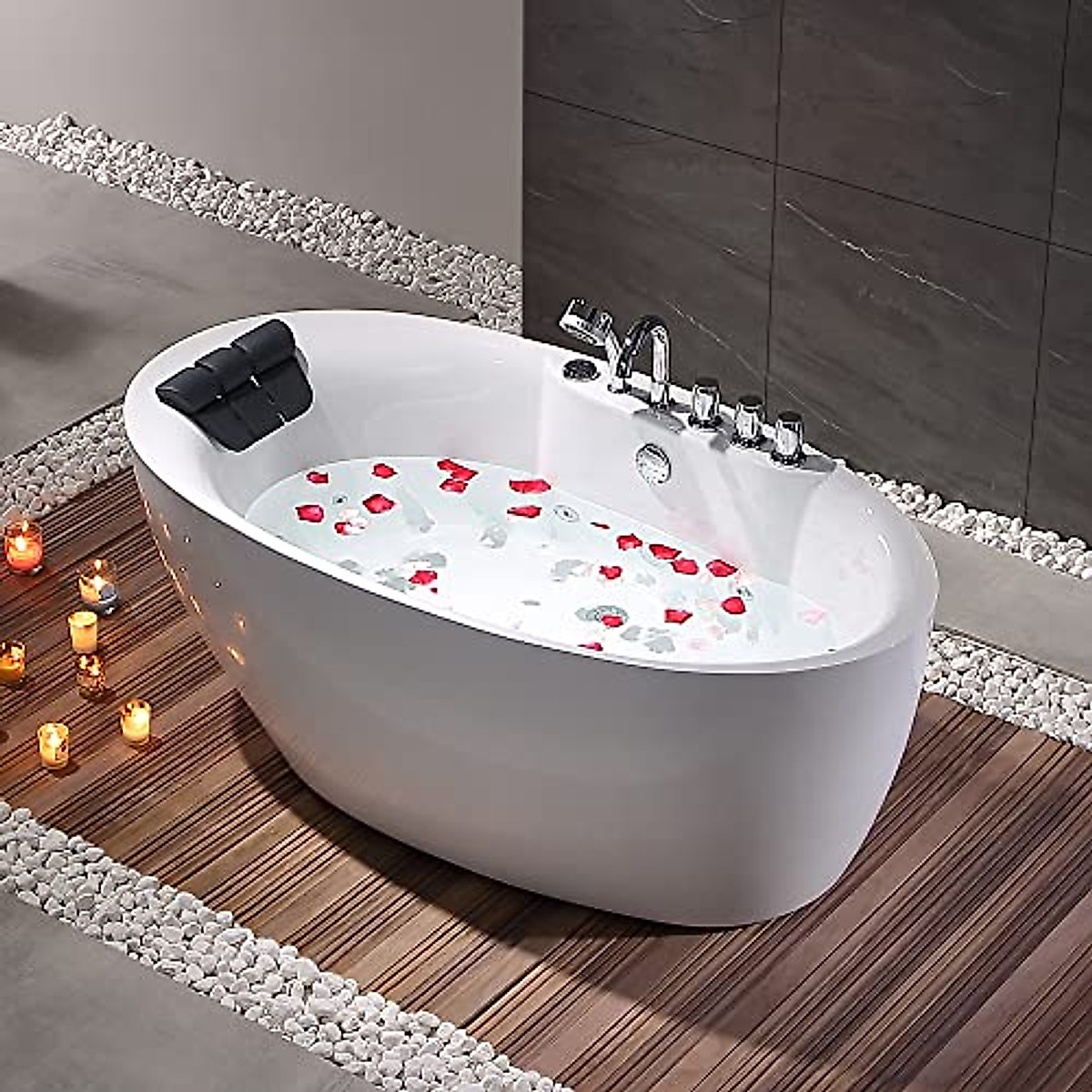 Whirlpool Bathtub 59 in. Acrylic Freestanding Bath Tub Hydromassage Gracefully Oval Shaped 7 Water Jets Soaking SPA, Double-Ended Massage Bathtubs with Black Pillow , White