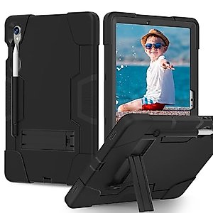 Kezigud Shockproof Kickstand Case for Galaxy Tab S9 11''/S9 FE 10.9'', Heavy Duty Hybrid Rugged Three Layer Soft Silicone+Hard PC with S-Pen Holder Cover for Samsung Tab S9/S9 FE 2023(Black)