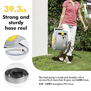 BLUBERY 5/8" x 100+6.7ft Retractable Garden Hose Reel with Slow Return System, Heavy-Duty Wall-Mounted 39.3LB, 10" Handle, 180° Swivel Bracket, Any Length Lock