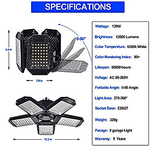 2 Pack LED Garage Lights, 120W Deformable LED Garage Ceiling Lights with 5 Adjustable Panels, 12000LM E26 LED Shop Lights for Garage, Basement, Barn, High Bay Light (2 Pack)