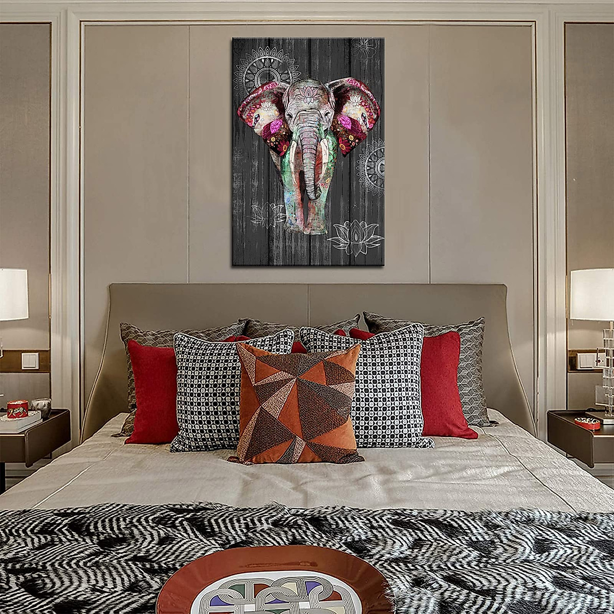 SkenoArt Animal Wall Art on Canvas Boho Bedroom Decor Elephant with Flower Pictures Bohemian Bathroom Wall Decor Mandala Wildlife Paintings Living Room Artwork Home Decorations 24"x36"