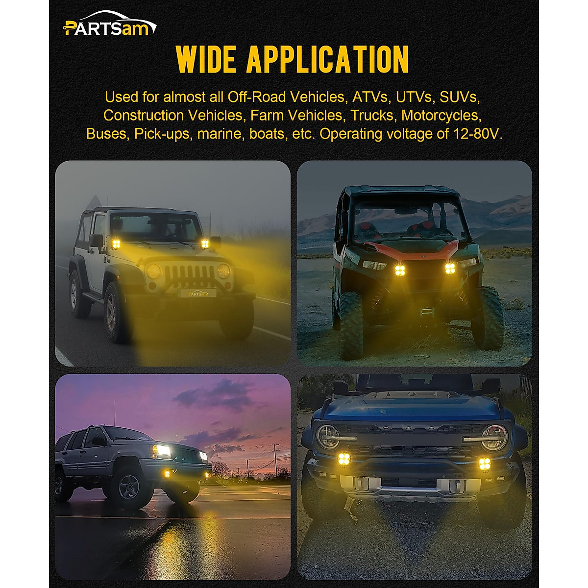 Partsam 3 Inch Yellow Pods Fog Light, 30W Waterproof Cubes Offroad Cree LED Pods Spot Flood Ditch Lights, Square Off Road Lights for Pickup Truck SUV ATV UTV Boat Forklift 4x4 Motorcycle, Pack of 2