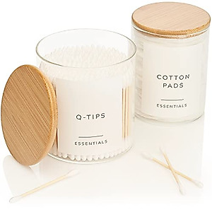 KIBAGA Beautiful Qtip And Cotton Ball Holder Set of 2 - Modern Dispenser w Lids Incl. Seven Minimal Labels for Bathroom Organization - The Perfect Q Tip Canister Accessories To Upgrade Your Bath