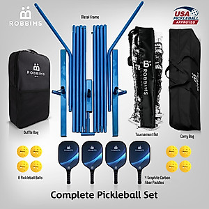 ROBBIMS Portable Pickleball Set with Net | 4 USAPA Approved Graphite Paddles, Duffle Bag, Regulation Size Pickleball Net System, Assembly Manual, 8 Outdoor Pickleball Balls and Carry Bag