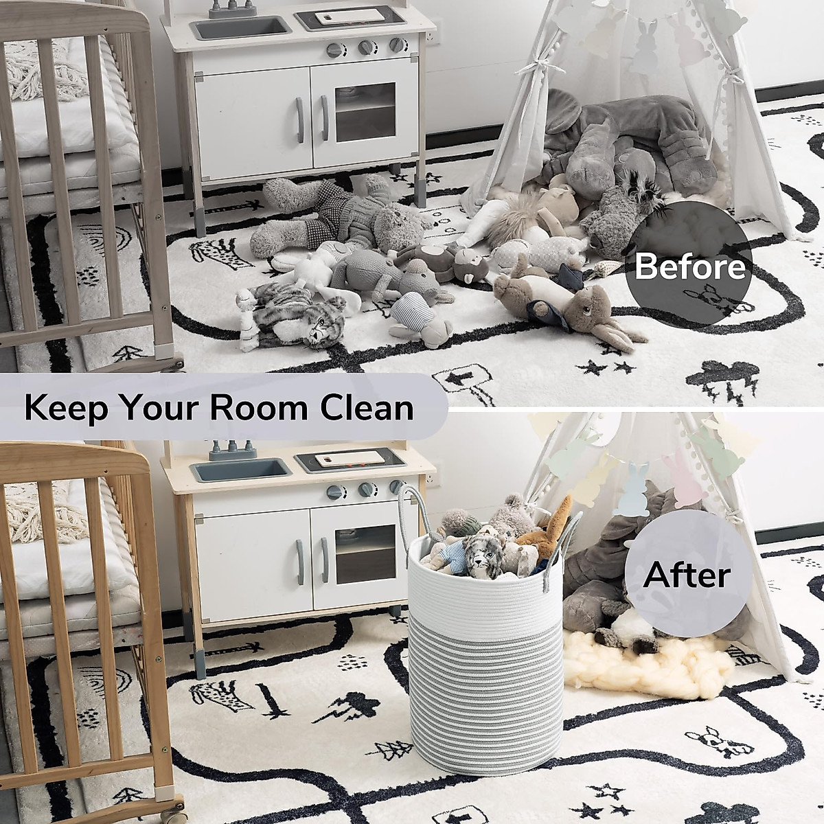 Goodpick Nursery Hamper, 60L Dirty Clothes Hamper for Toys, Blankets, Small Laundry Basket for Living Room, Laundry Bin, 15 x 20 Inches, White&Grey