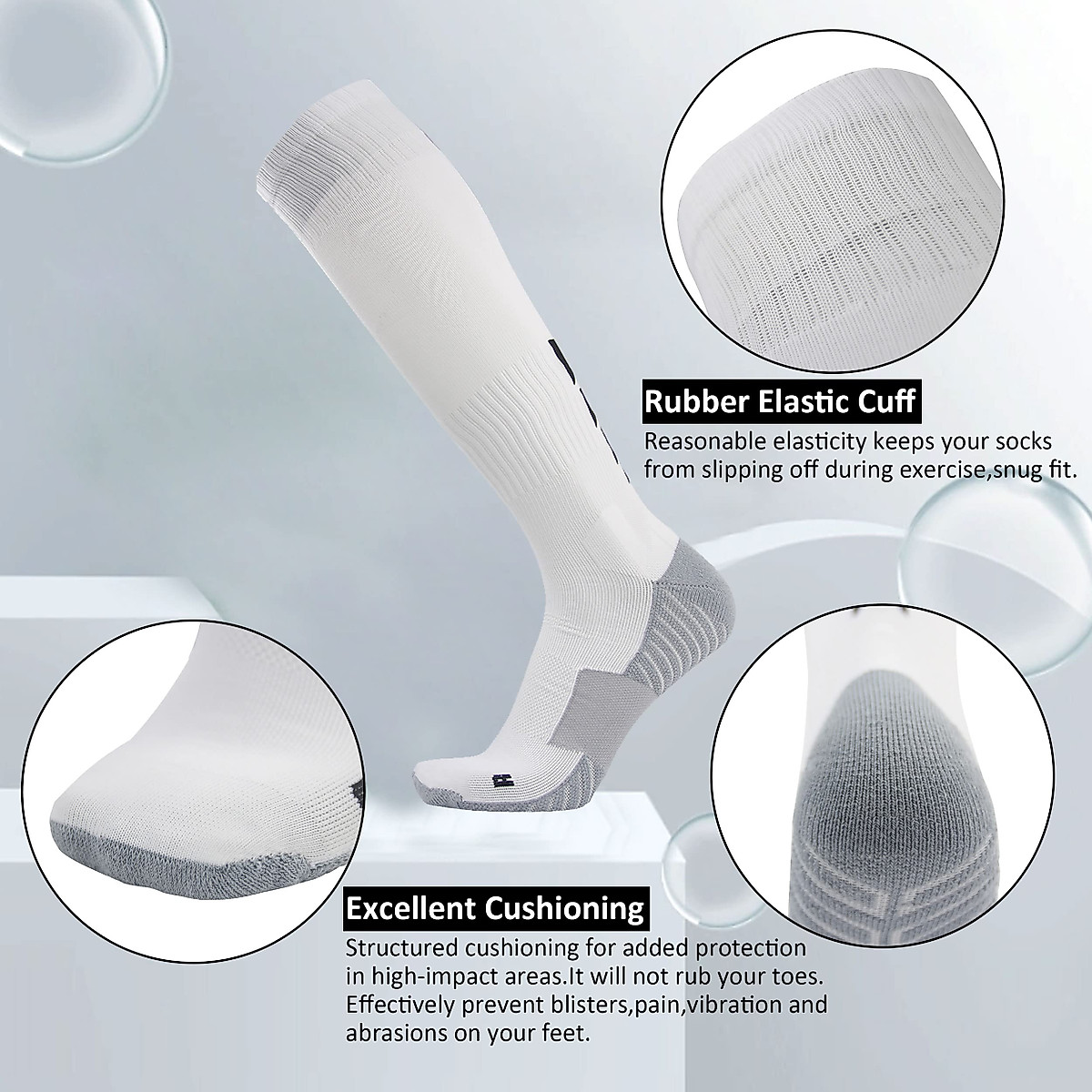 Three street Baseball Socks, Over Knee High Coolmax Wicking Moisture Sport Football Softball Volleyball Long Compression Socks White 3 Pairs Large