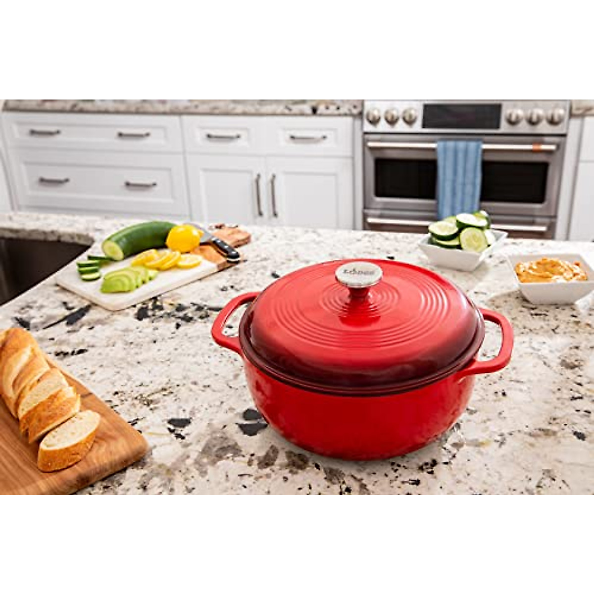 Lodge 6 Quart Enameled Cast Iron Dutch Oven with Lid – Dual Handles – Oven Safe up to 500° F or on Stovetop - Use to Marinate, Cook, Bake, Refrigerate and Serve – Island Spice Red