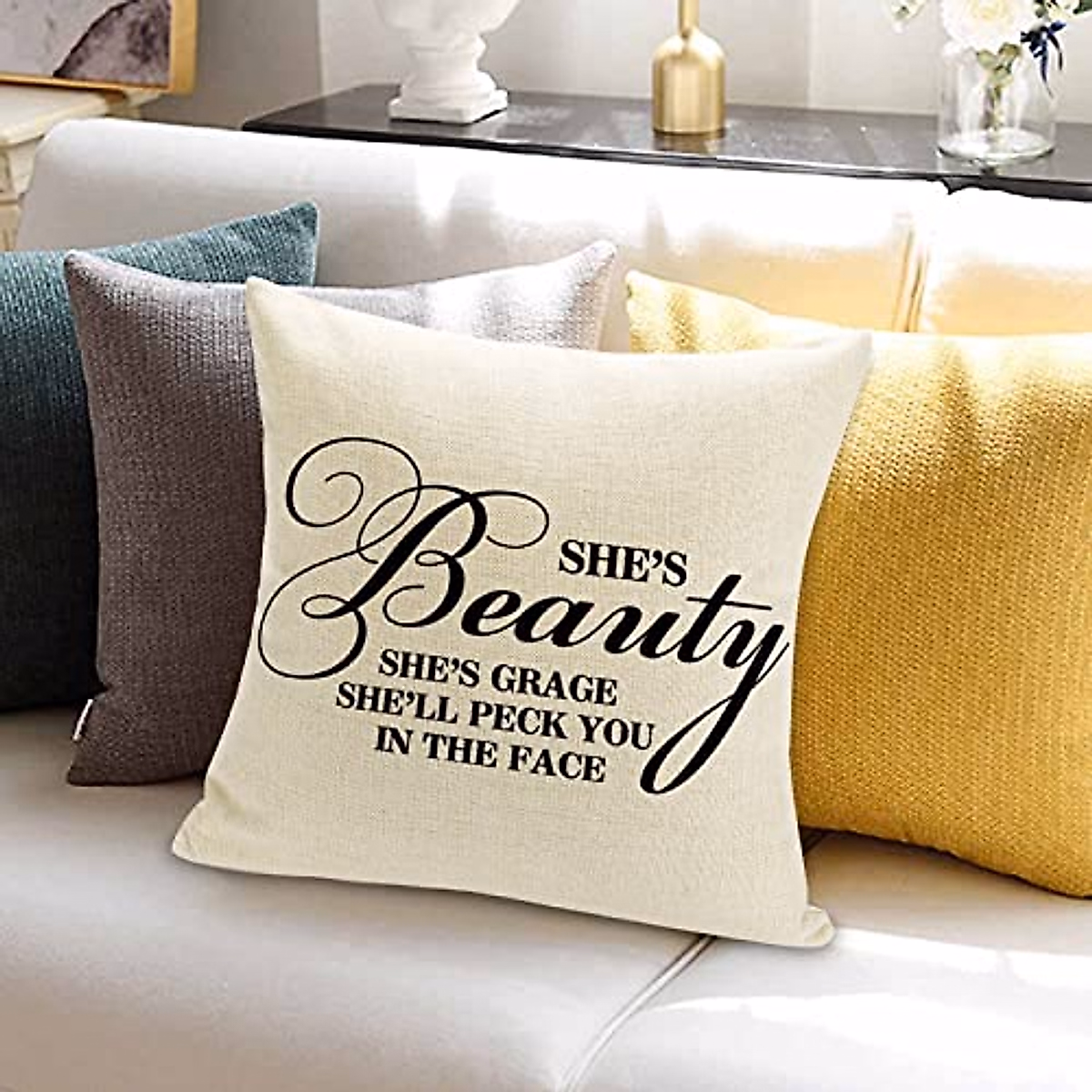 Farmhouse Pillow Covers 18x18 She's Beauty,She's Grage She'll Peck You in The Face Cotton Linen Throw Pillow Covers Decorative Home Decor Square She's Beauty Cushion Case for Couch