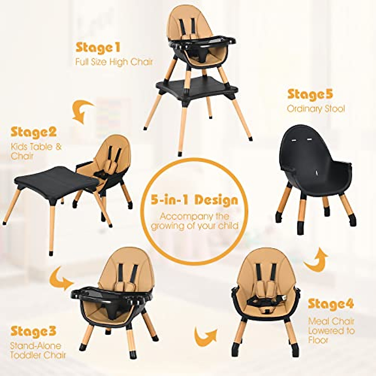 HONEY JOY Baby High Chair, 5-in-1 Convertible Wooden Highchair for Babies and Toddlers/Table and Chair Set/Booster Seat/Toddler Chair with Safety Harness, 4-Position Removable Feeding Tray (Coffee)