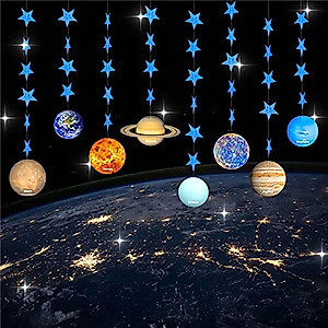 Galaxy Solar System Hanging Paper Decoration (8 Strings X 4.3ft), Outer Space Paper Garland Flower Party Streamers, Plant with Blue Star Hanging for Kids Bedroom Decor，Birthday PartySupplies