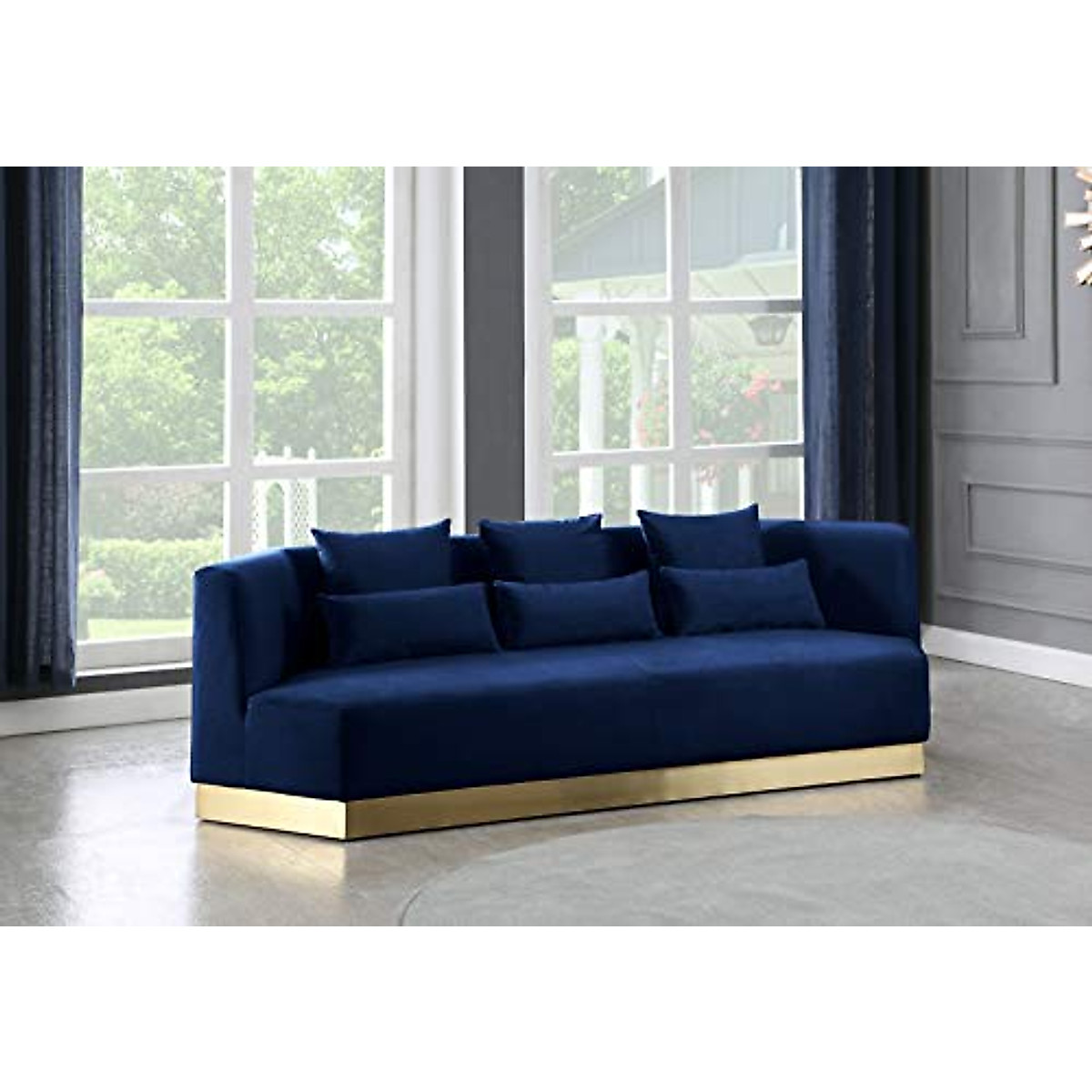 Meridian Furniture Marquis Collection Modern | Contemporary Velvet Upholstered Sofa with Stainless Steel Base in a Rich Gold Finish, 93" W x 38" D x 29" H, Navy