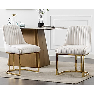 EALSON Velvet Upholstered Dining Chairs Set of 2 Modern Accent Dining Room Chairs with Gold Metal Base Comfy Padded Kitchen Chairs Armless Side Chairs for Kitchen Dining Room, Cream