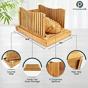 Pristine Bamboo Bamboo Bread Slicer for Homemade Bread Loaf – 3 Thickness Size – Foldable Compact Chopping Cutting Board with Crumb Tray – Ideal for Homemade Bread, Cake, Bagels