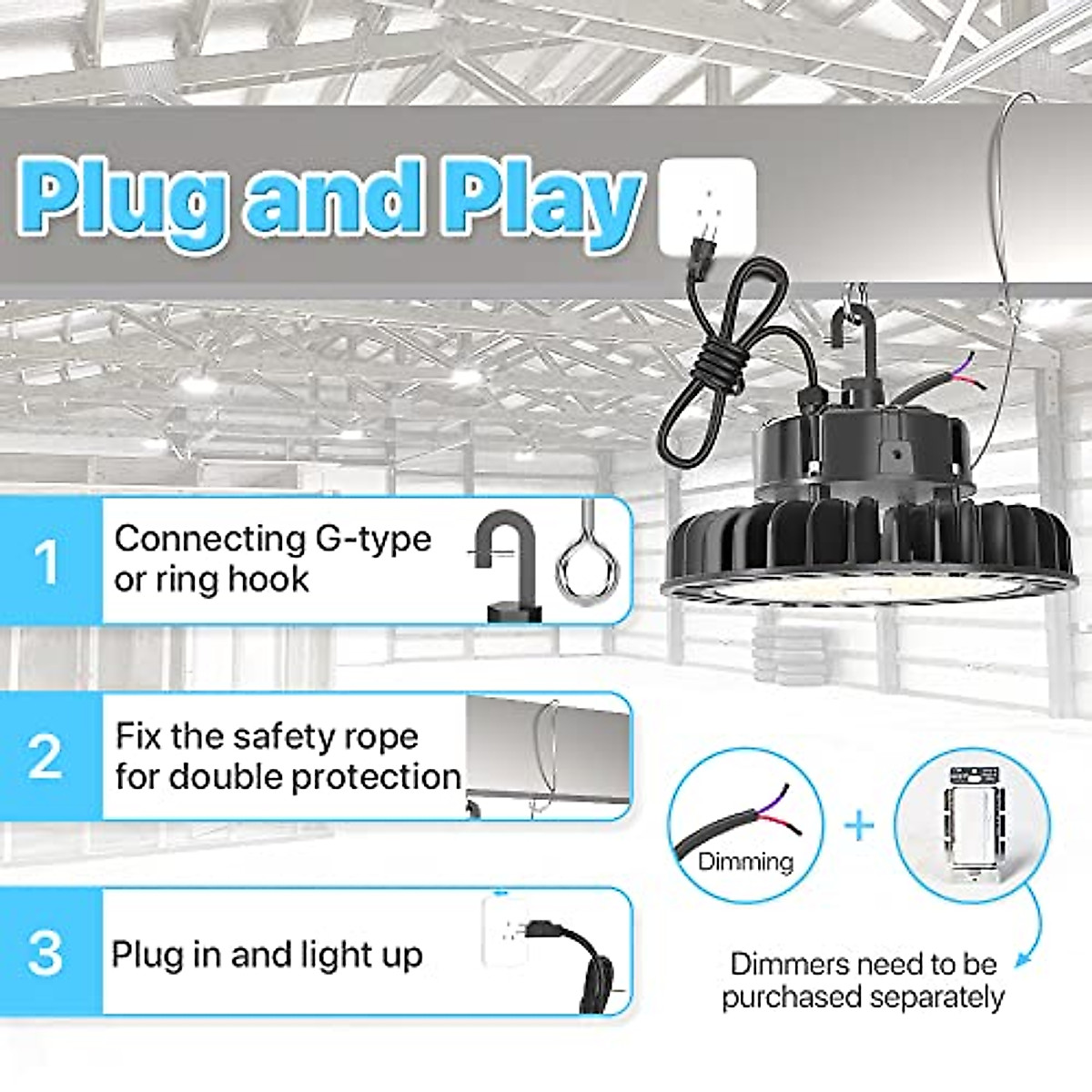 HYPERLITE High Bay LED Lights 150W 21,000LM (140LM/W) 1-10V Dimmable, UL Listed 4000K UFO Led High Bay Light for Shop Barn Garage, Alternative to 600W MH/HPS, 5-Year Warranty