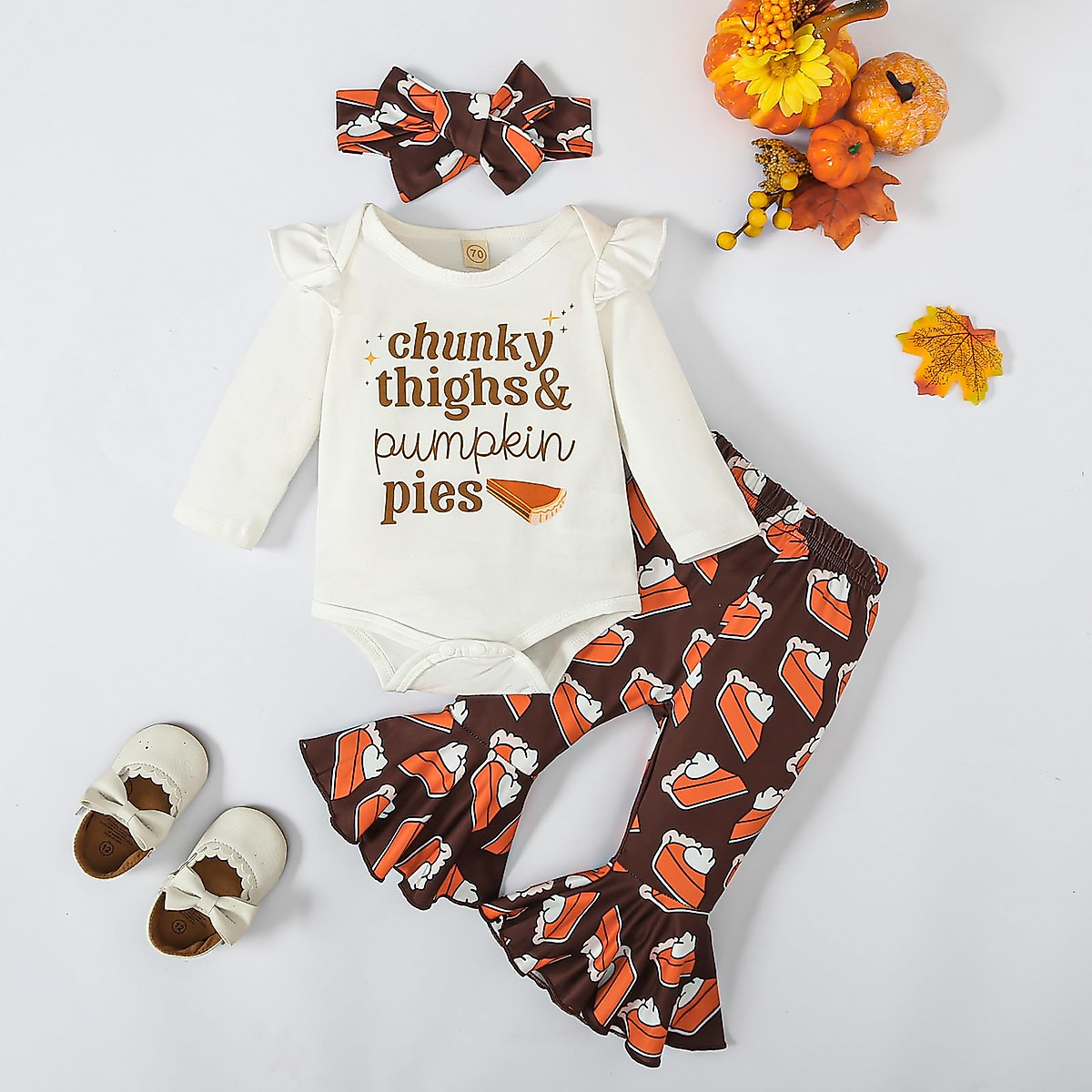 Baby Girl Thanksgiving Outfit Pumpkin Pie Romper+Flare Pants Newborn Girl Turkey Day Clothes 0-18 Months(White,12-18 Months)