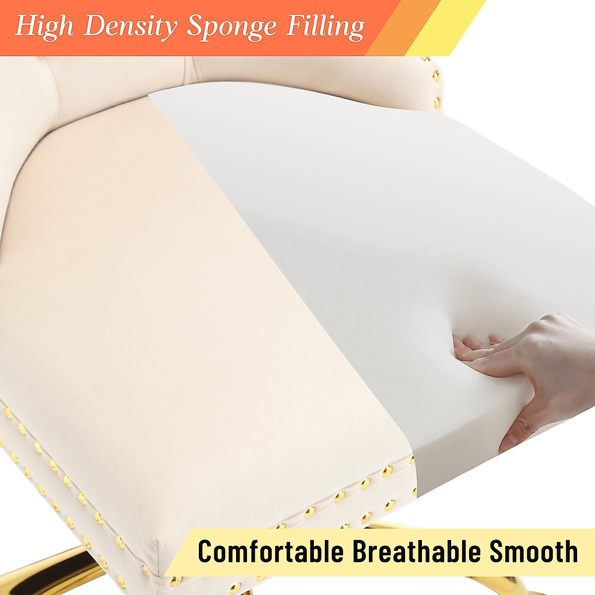 KCC Velvet Home Office Chair with Gold Metal Base & Nailhead Trim, Modern Swivel Upholstered Tufted Task Chair, Adjustable Wingback Armless Desk Chair for Living Room/Bedroom(Beige)