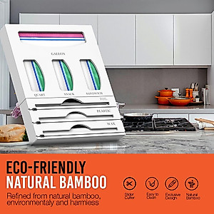 White Ziplock Bag Storage Organizer for kitchen Drawer | Plastic Wrap Organizer Dispenser with Cutter| Bamboo Ziploc Baggie Holder | Compatible with Ziploc Baggie Organizer | Bamboo Plastic Bag Dispenser for Gallon, Quart, Snack Sandwich bags & Plastic Fo