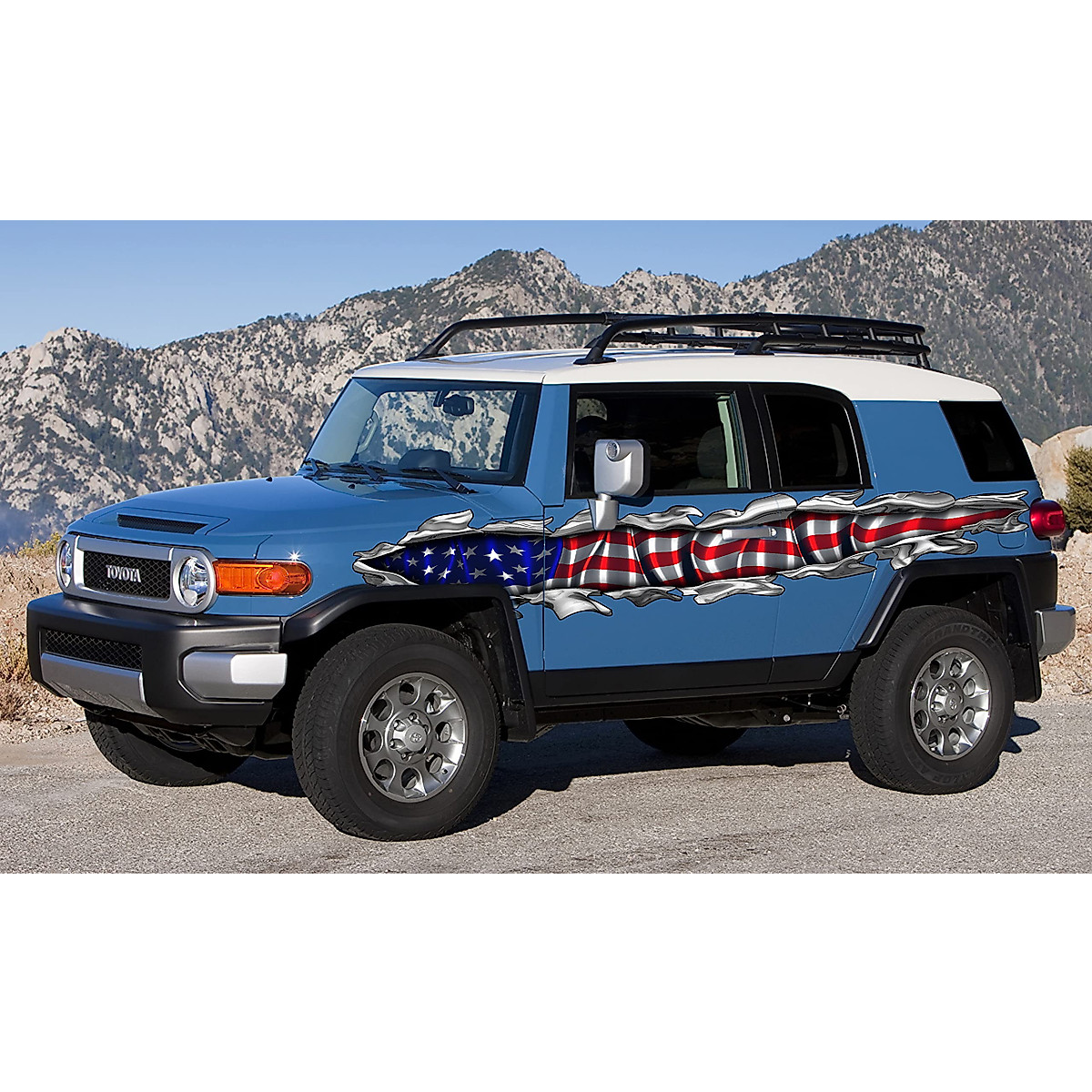 US Flag Car Vinyl Decal, US Pride Car Graphics, American Flag Car Wrap, USA Flag Ripped Metal Full Color Car Design, Patriotic Car Sticker (25x135)