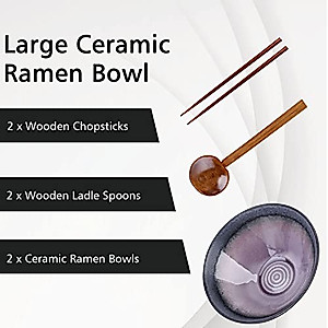 Artestia Ramen Bowls Set of 2, 6 Pieces 30 Ounce Large Ceramic Japanese Ramen Bowls with Chopsticks and Spoons Serving Bowls for Udon Soba Pho Asian Noodles, Salad, Soup