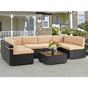 AECOJOY 7 Piece Patio PE Rattan Wicker Sofa Set, Outdoor Sectional Conversation Furniture Chair Set with Cushions and Table, Blue and Brown