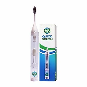 Quick Brush Travel Toothbrush with Toothpaste stored in Handle- On The Go Oral Care Kit Convenient for Home Office School Purse Backpacking, Portable and Foldable Brush