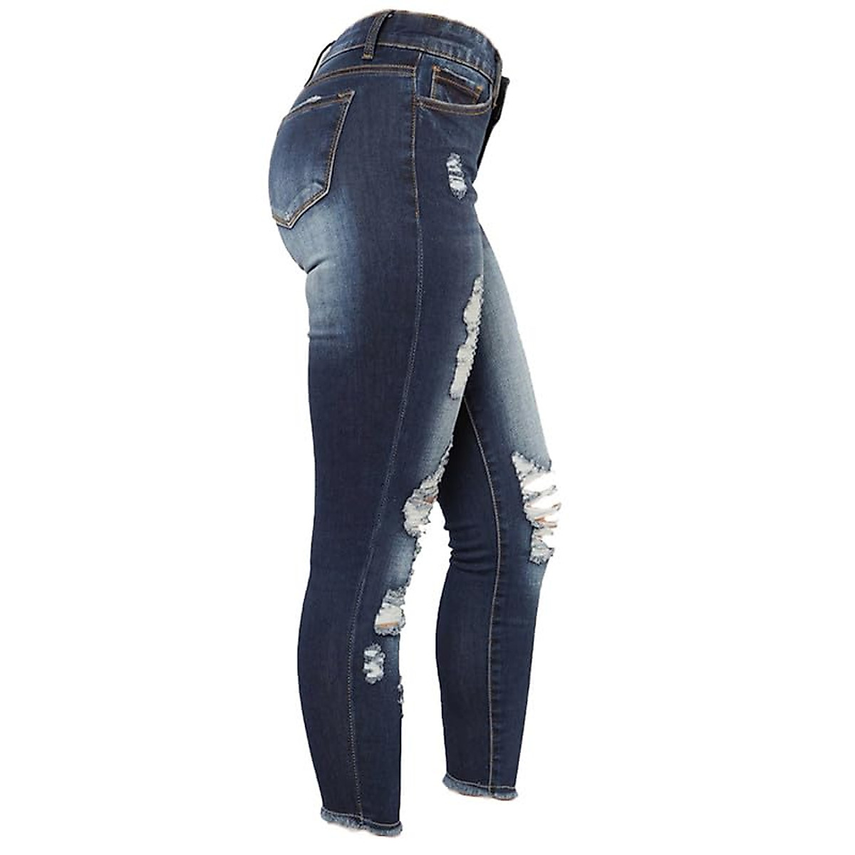 Andongnywell Women's Stretchy Ripped Hole Skinny Jeans Butt Lifting Distressed Denim Pants with Pockets Trousers Blue