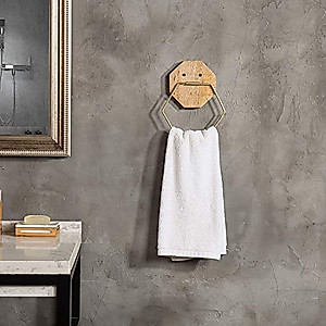 MyGift Brass Tone Metal Hexagon Wall Mounted Bathroom Hand Towel Ring with Mango Wood Geometric Backing - Handcrafted in India
