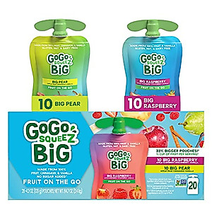 GoGo squeeZ BIG Variety Pack, BIG Pear & BIG Raspberry, 4.2 oz. (Pack of 20), Unsweetened Fruit Snacks for Kids, Gluten Free, Nut Free and Dairy Free, Recloseable Cap, BPA Free Pouches