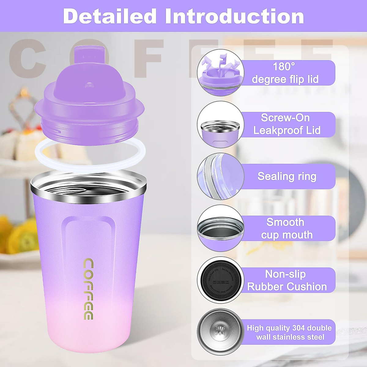 JTRYEMU Travel coffee mug 12 oz Insulated Coffee cup with lid reusable Leak proof Coffee Tumbler Stainless Steel Vacuum Gradient Colorful Thermos cup Thermal Keeps Cold and Hot for Coffee/Tea