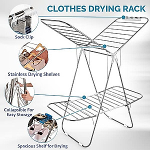 Luxe Laundry Premium Clothes Drying Rack, Foldable 2-Layer Stainless Steel Drying Rack, Free Standing with Height Adjustable Wings, Stainless Steel, Sock Clips, Towel Rack, Clothes, White