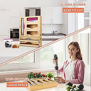 Foil and Plastic Wrap Organizer with Ziplock Bag Organizer - Evdekoru 6 in 1 Bamboo Aluminum Foil Dispenser with Cutter for Kitchen Drawer, Plastic Food Bag Organizer for Gallon,Quart,Sandwich