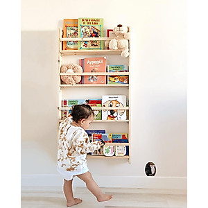 Handmade Solidwood Wall Mounted Montessori Kids Bookshelf, 4 Tier Book Display for Children Bedroom, Nursery Furniture Bookcase, Solid Wood Pine Tree Book Organiser for Living Room (Natural)