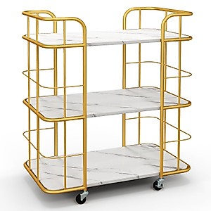 Giantex Gold Bar Cart, Home Island Service Cart, 3 Tier Storage Shelves with Guardrail, Imitation Marble Top, Kitchen Utility Trolley on Wheel Lockable for Dining Room Wine Coffee Bar White (1)