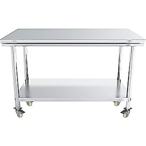 Commercial Kitchen Work Catering Table, Stainless Steel Work Table Commercial Workbench Heavy Duty Table with Caster Wheels Undershelf and Galvanized Legs for Restaurant (Size : 80x50x85cm)