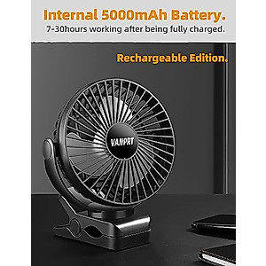 VANPRT 5000mah Clip on Fan, 6'' Portable Rechargeable Battery Fan, 7-30 Working Hours, 3 Speeds Strong Airflow, 720° Rotation, Quiet, Strong Clamp for Desk/Office/Golf/Car/Gym/Treadmill - Black