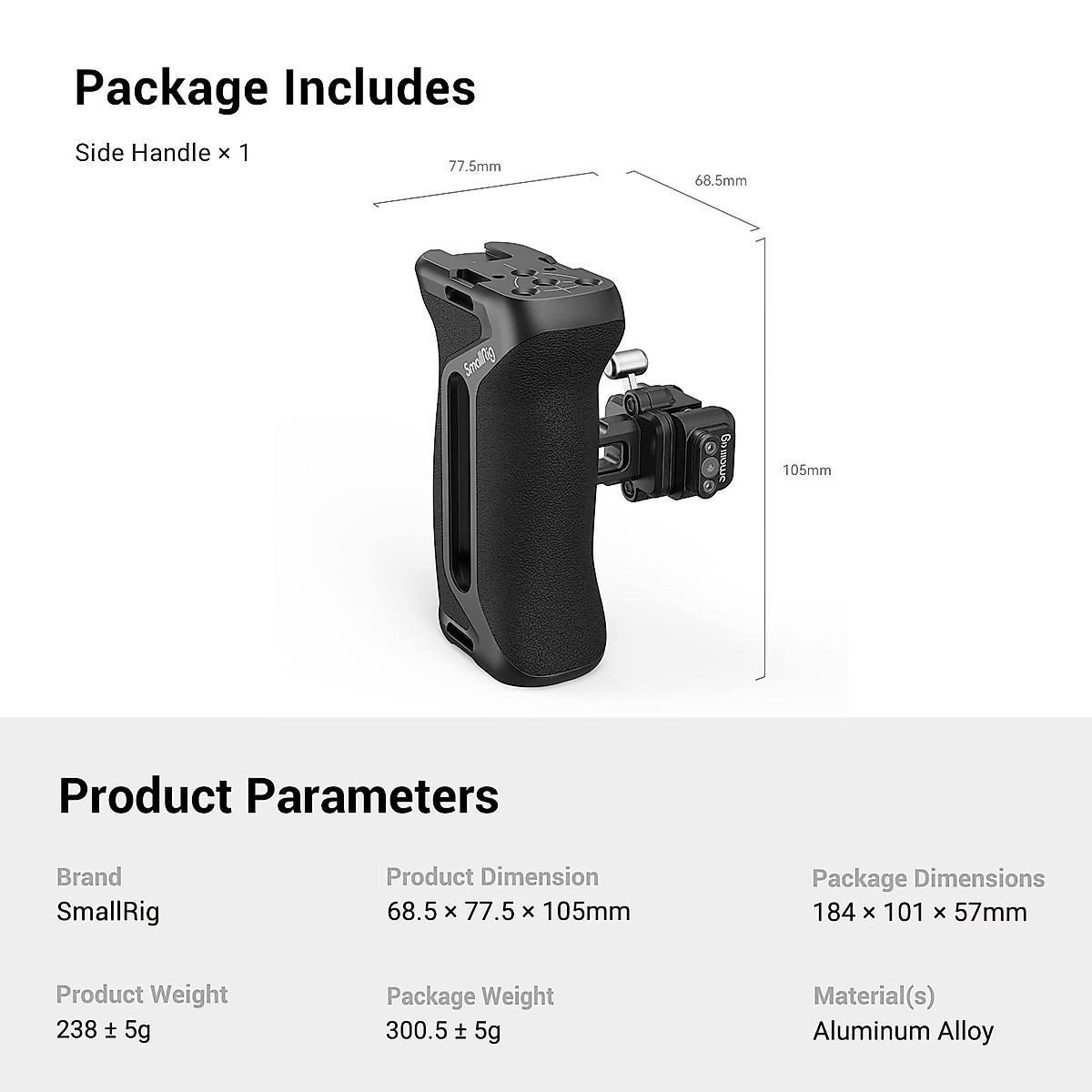 SmallRig Snap-On NATO Side Handle, Quick Lock Design, Up/Down Adjustable, Built-in Cold Shoe Mount, 1/4''-20 Thread Hole, Wrist Strap Hole - 4017