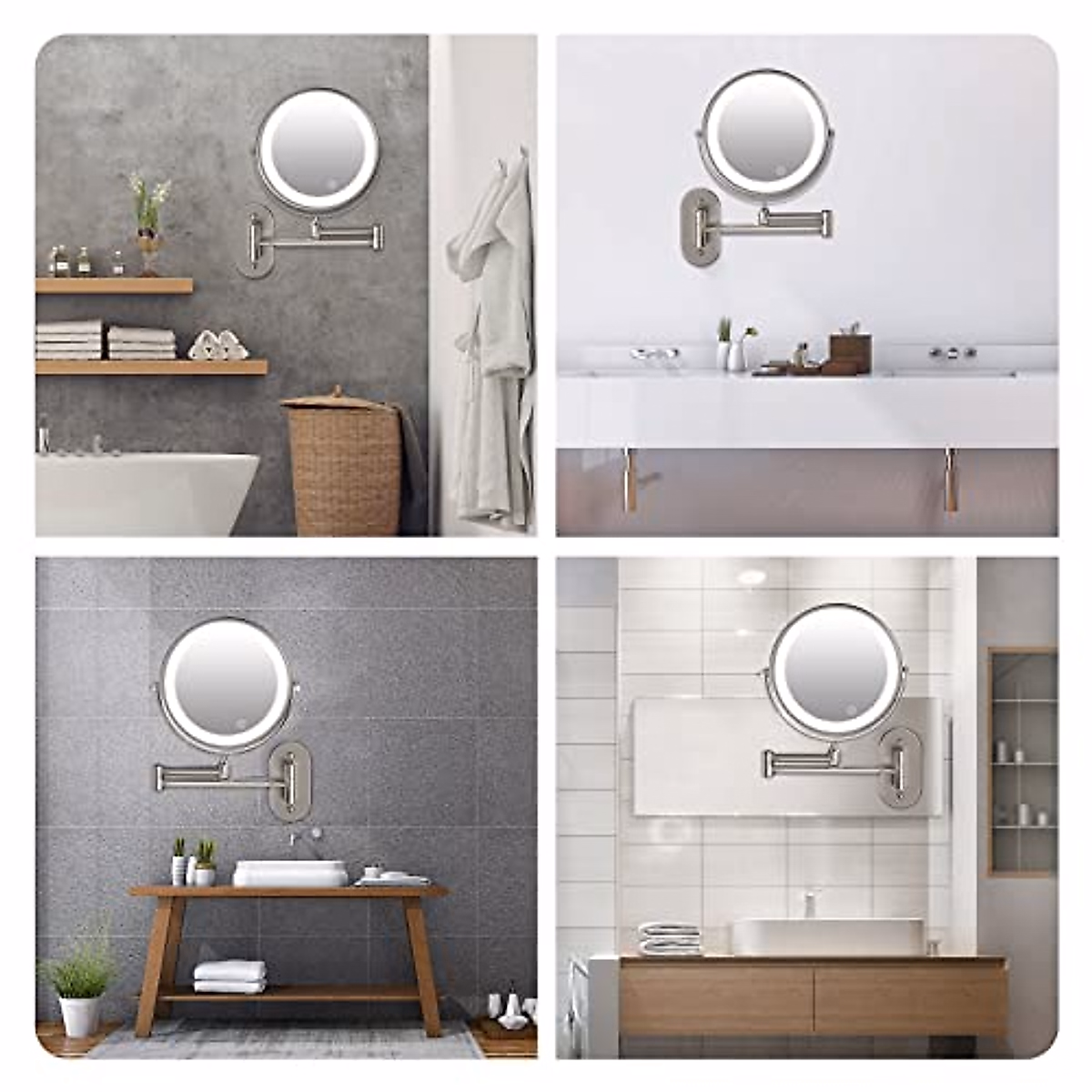 Wall Mounted Lighted Makeup Mirror, 1X 10X Magnifying Mirror with Light 3 Color Dimmable, 8'' Double Sided LED Light up Bathroom Vanity Mirror with Magnification, 360° Extendable Arm Shaving Mirror