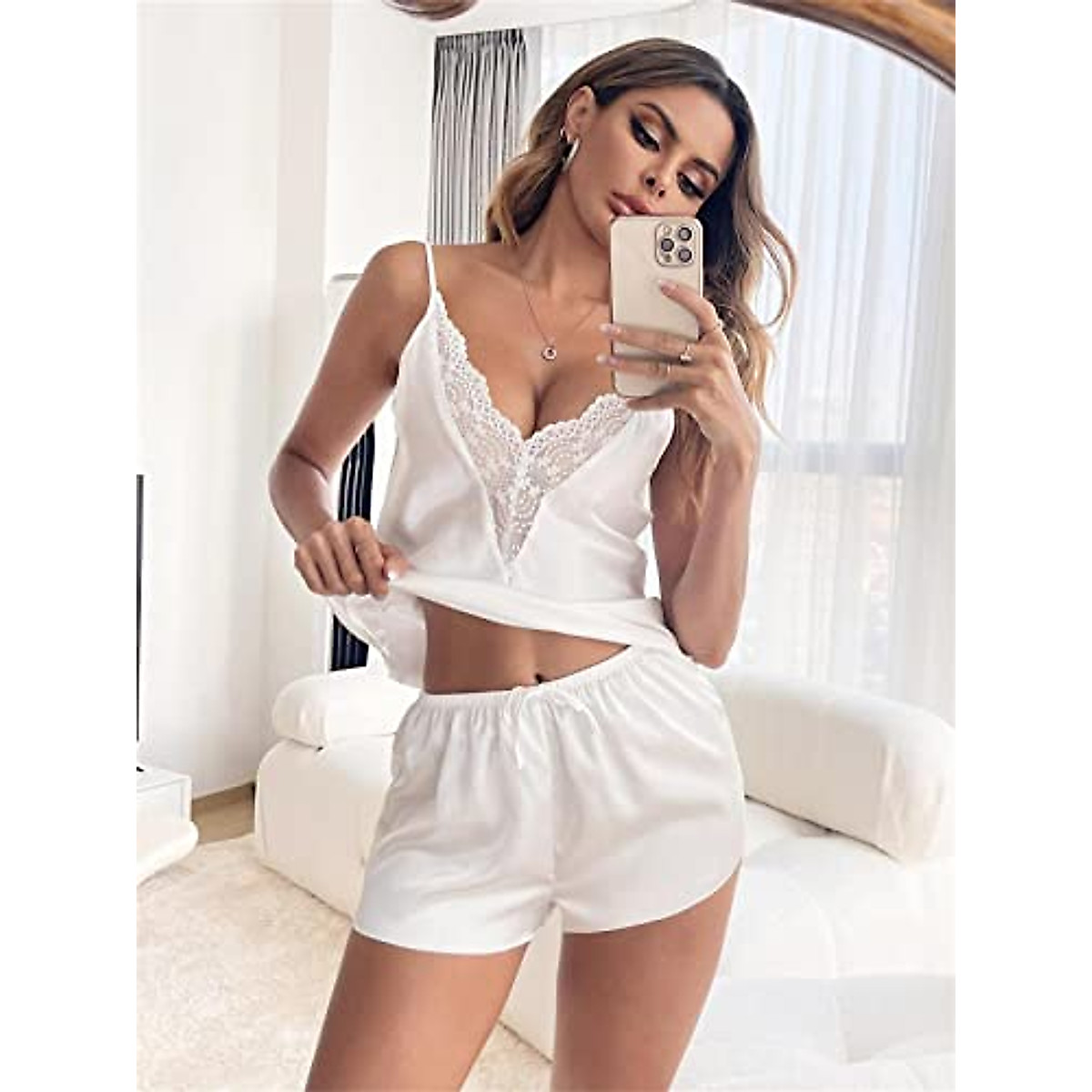 OYOANGLE Women's Satin Silk Mesh Lace Deep V Neck Sleepwear Cami Top and Shorts 2 Piece Pajamas Set Nightwear Pjs White S
