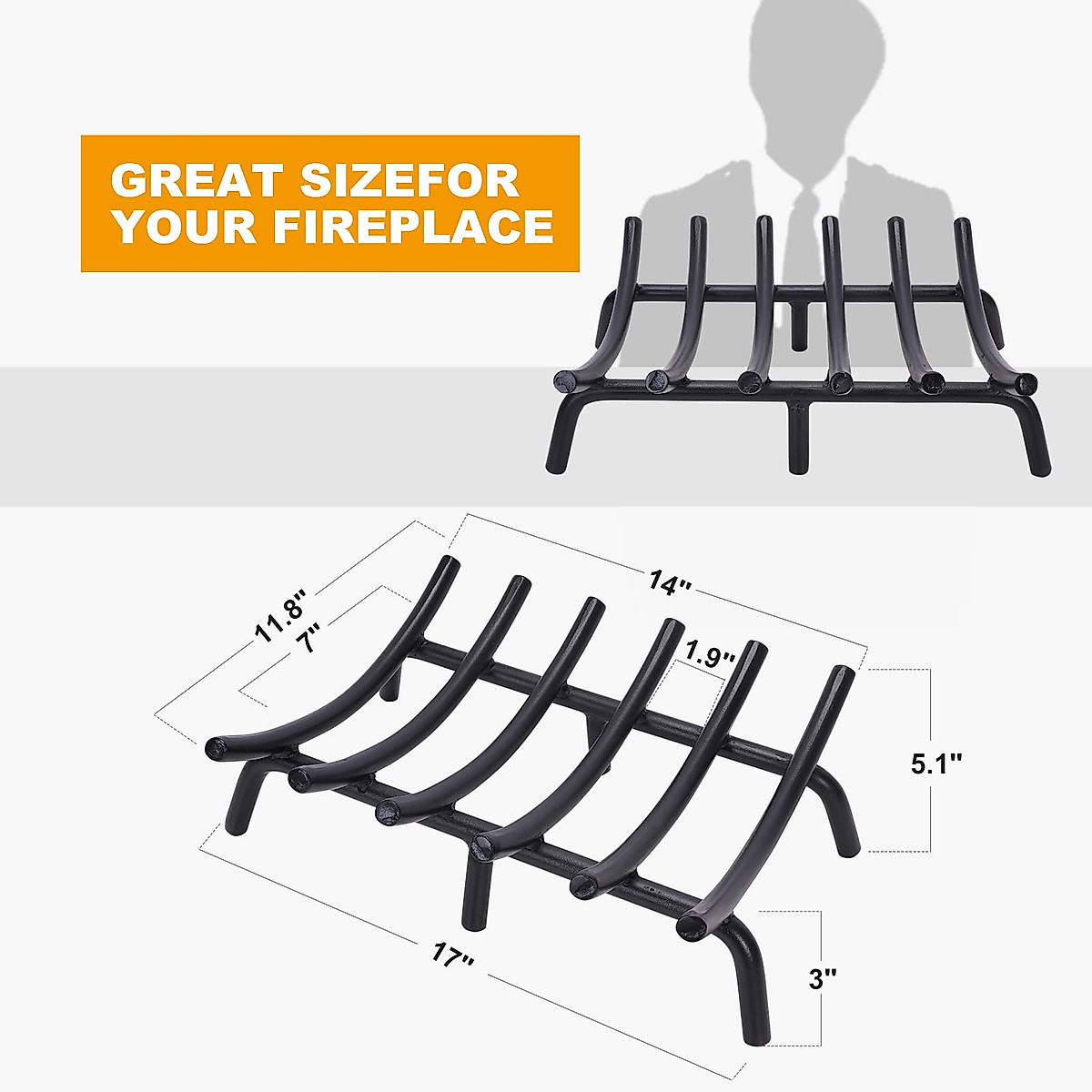 Fireplace Grate 17 Inch Solid Round Steel 3/4" Bar Heavy Duty Firewood Stove Log Holder Rack Grates Wrought Cast Iron Indoor Outdoor Camping Chimney Hearth Wood Burning Fireplace Accessories Tools