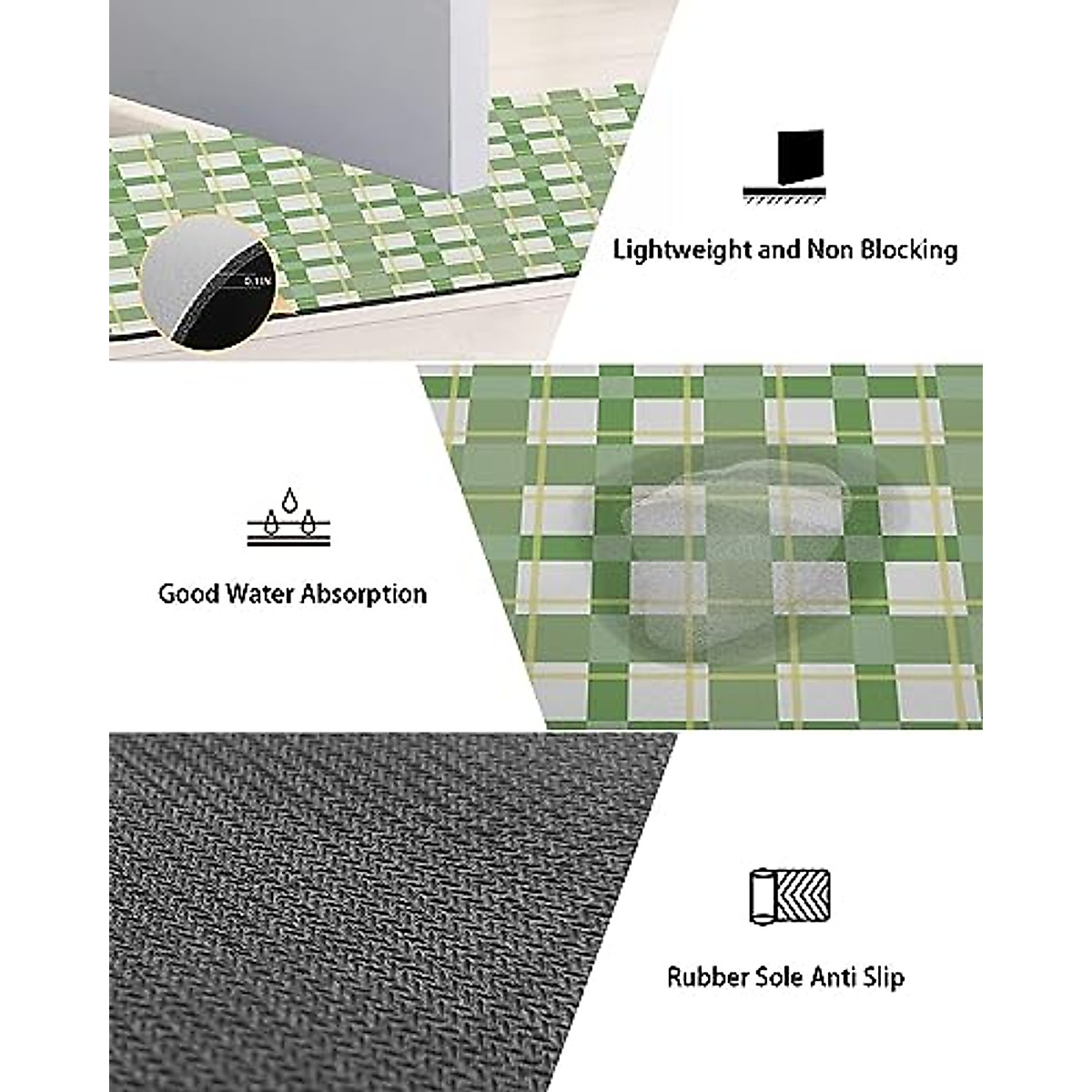 Ombre Green Plaid Bath Mat for Tub,Non Slip Bathroom Floor Runner Rug Quick Dry & Absorbent Diatomaceous Earth Kitchen Room Shower Sink Washable Doormat,Minimalistic Geometric Farmhouse Grid 18"x30"