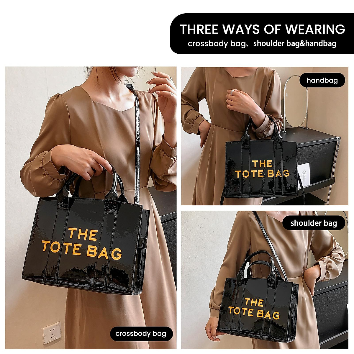 JQAliMOVV The Tote Bag for Women, Cute Tote Bag Trendy Shining Leather Top Handle Crossbody Handbags (Black)