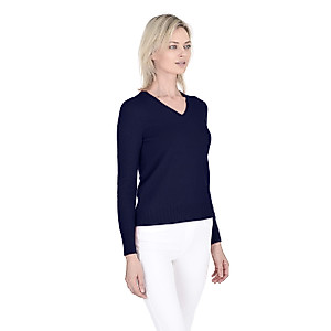 Cashmeren Women’s Essential Knit V-Neck Sweater 100% Merino Wool Long Sleeve Classic Pullover (Navy, Large)
