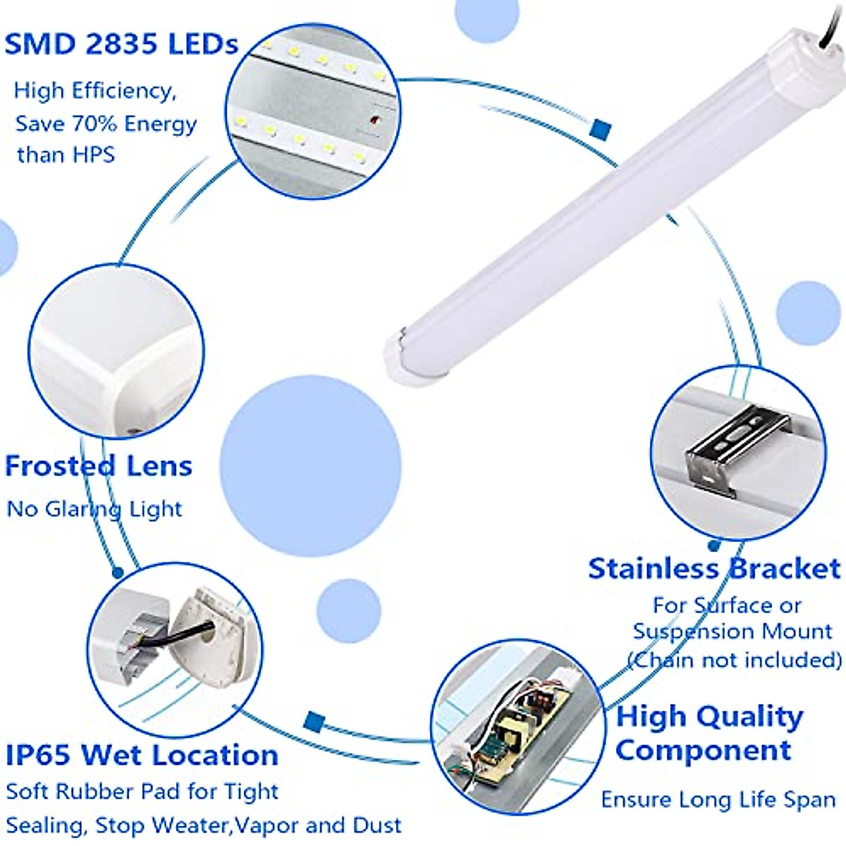 4FT LED Vapor Tight Lights, 40W LED Vapor Proof Light, 5200LM 5000K Commercial LED Workshop Light, IP65 Waterproof for Car Wash, Garage, Walk-in Freezer, 100-277V AC DLC UL Listed (6-Pack)
