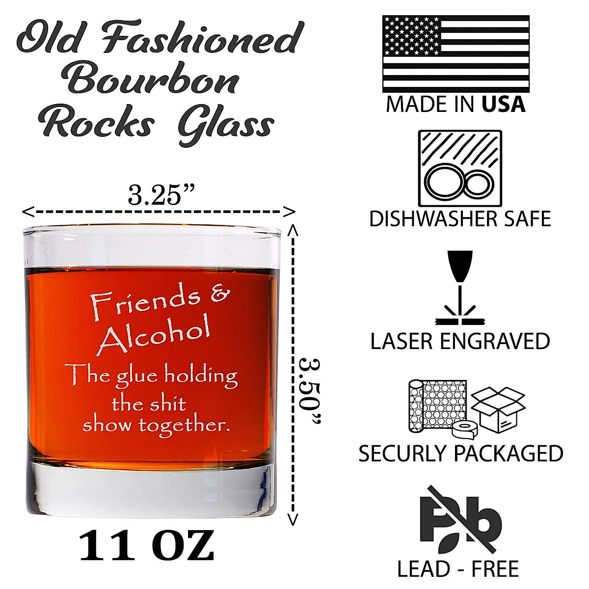 CARVELITA Friends & Alcohol The Glue Holding This Shit Show Together Engraved Whiskey Glass - 11oz Engraved Old Fashioned Rocks Glass - Sarcastic Gifts For Best Friends - Perfect Party Decoration Idea