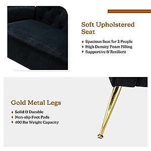 HULALA HOME Velvet Loveseat Sofa with Wingback & Gold Legs, Modern Button-Tufted 2-Seater Sofa for Living Room Bedroom, Comfy Upholstered Small Love Seat Couch, Black