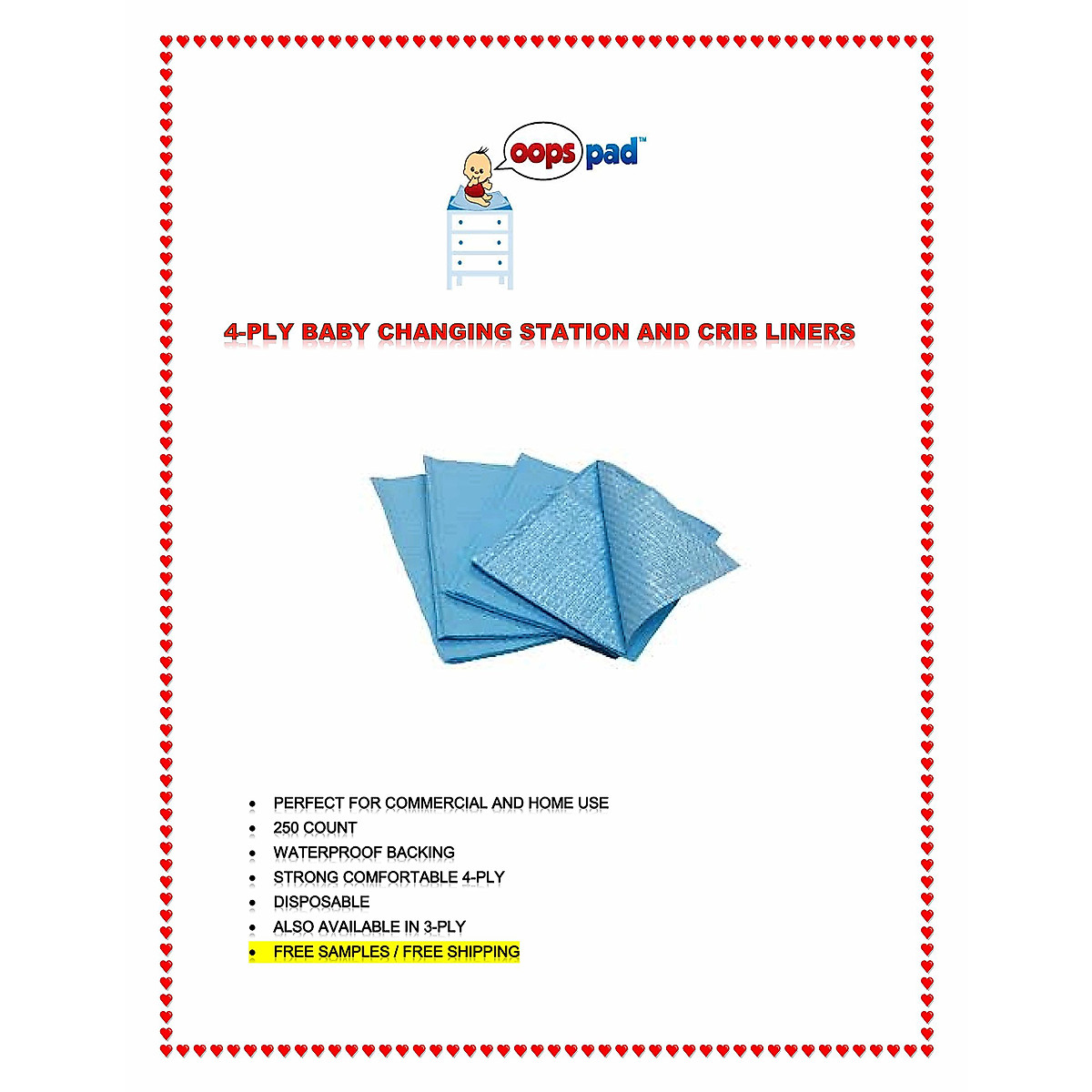 Oops Pad 4-Ply Blue Changing Station Table Liners 500ct Free Samples