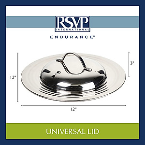 RSVP International Endurance Universal Lid with Adjustable Steam Vent, One Size - Stainless Steel, 12.5"x 12.5" x 3" |Fits 7" - 12" pots & pans |Dishwasher Safe| Oven Safe