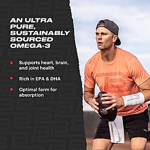TB12 Omega 3 Fish Oil Supplement by Tom Brady - High potency, Essential Fatty Acids, Brain & Heart Health, Recovery, Non GMO, NSF Certified for Sport, 1250 mg (500mg DHA and 250mg EPA), 60 softgels