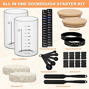 UHAPEER 2 Pack Sourdough Starter Kit, 34Oz Glass Jar Sourdough Starter Jar Kit with Thermometer, Feeding Date Band, Cloth Cover, Spatulas, Measuring Spoon, Reusable Baking Supplies for Beginners